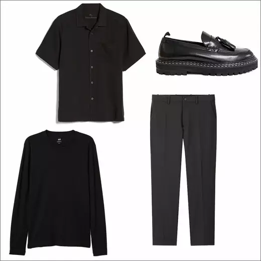 black loafers, black short sleeve shirt, black long sleeve tee, at itim na pantalon