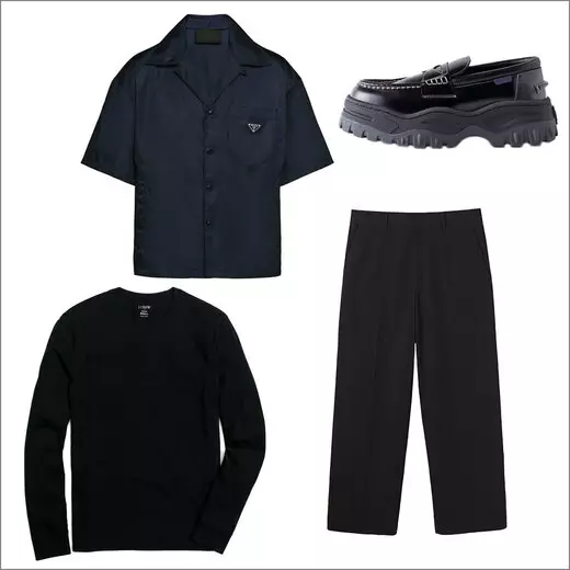 Black nylon short sleeve shirt, black platform loafers, black long sleeve tee, at itim na pantalon.