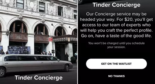 Tinder Concierge सेवा इन-एप विज्ञापनको समग्र स्क्रिनसट।