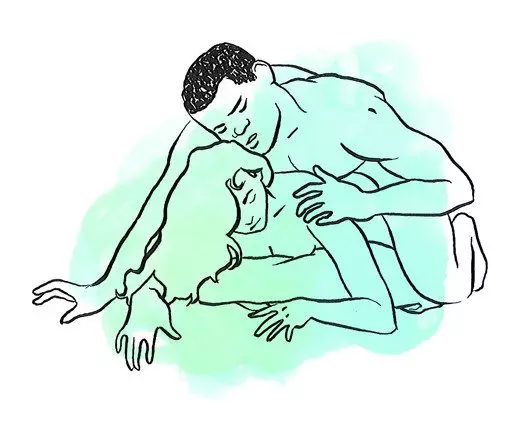 Ilustrasyon sa lalaki ug babaye sa stacked spooning sex position.