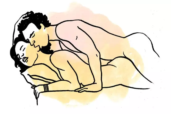 Illustration av man och kvinna i tillplattad doggy sexposition.