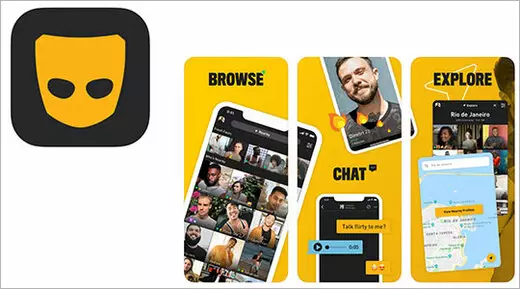 Grindr tanyşlyk programmasynyň nyşany we ekran suratlary