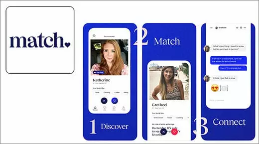 Match dating app logo en smartphone screenshots