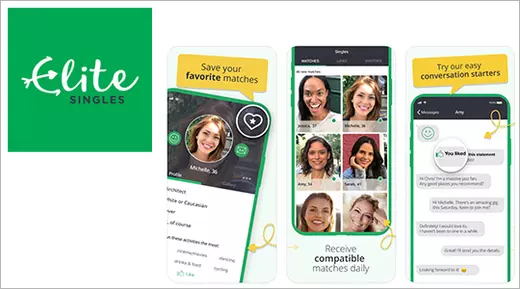 Elite Singles dating app logo en smartphone screenshots