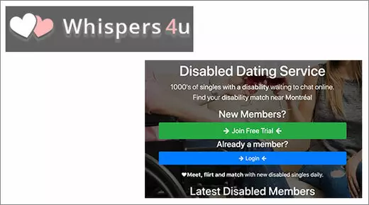 Whispers4U flört uygulaması logosu ve flört web sitesi ekran görüntüsü