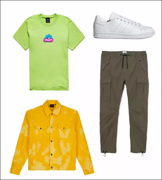 Yellow nga jacket, lime green nga t shirt, dark green nga pantalon, puti nga sapatos sa flatlay arrangement