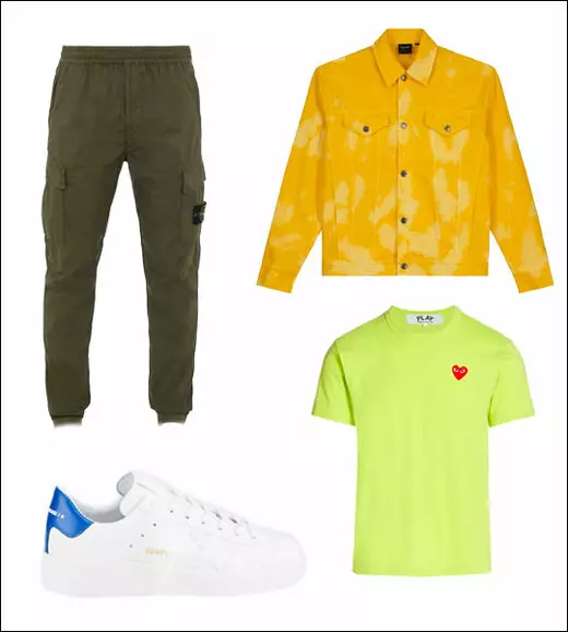 Yellow nga jacket, lime green nga t shirt, dark green nga pantalon, puti nga sapatos sa flatlay arrangement