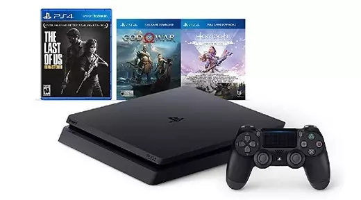 PlayStation 4 Slim 1TB -konsoli kuvassa mukana God of War, Horizon Zero Dawn ja Last of Us: Remastered videopelit